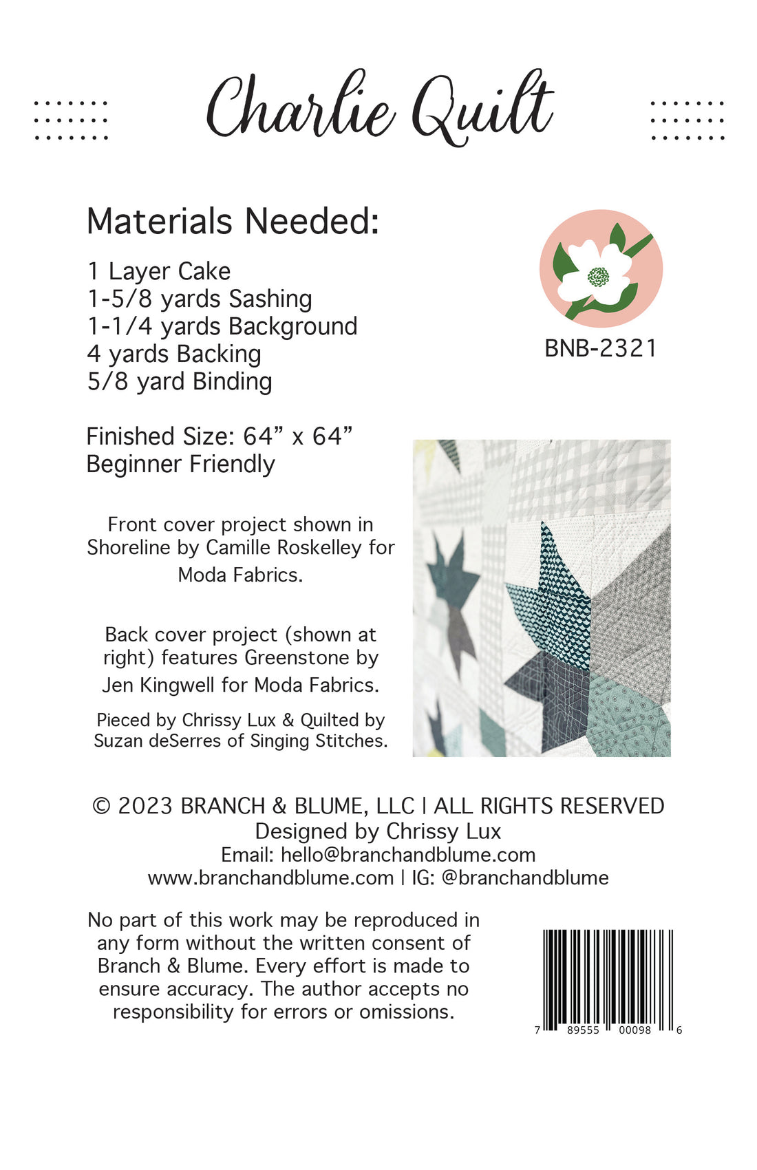 Charlie Quilt Pattern - PAPER – branchandblume